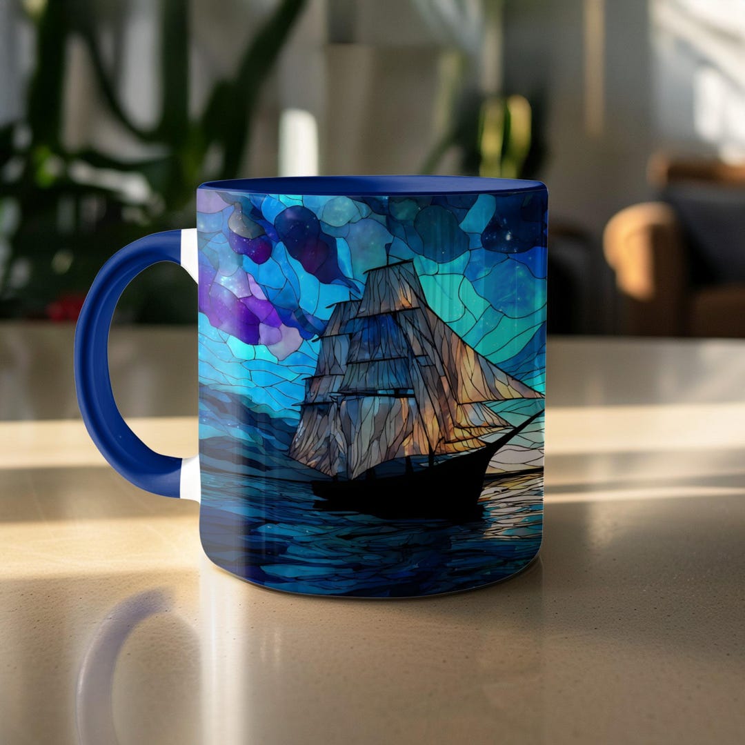 Tall Ship Mug: Stained Glass, Blue, Distressed, 15oz - Etsy