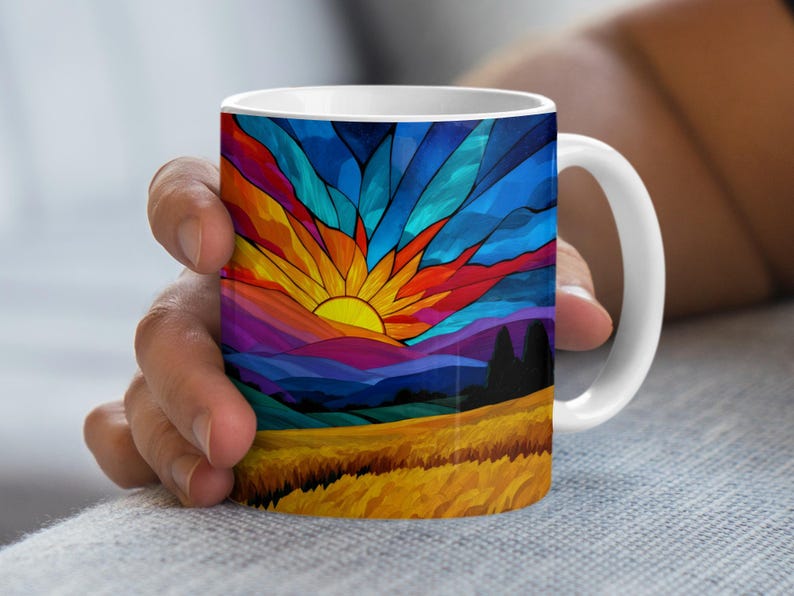 Stained Glass Mug: Rolling Hills, Wheat Field, Colorful Landscape Art ...