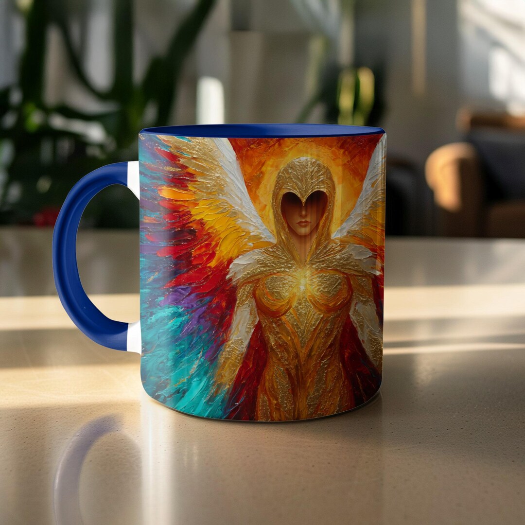Angel Mug: Colorful Wings, Impasto Style, Golden Guardian - Etsy