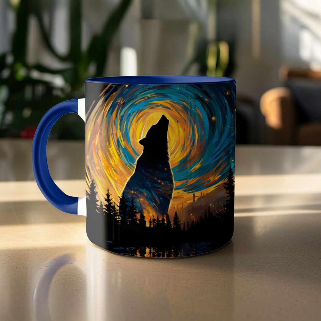 Howling Wolf Mug, Night Sky, Colorful Swirls, Unique Mug, Nature Lover ...