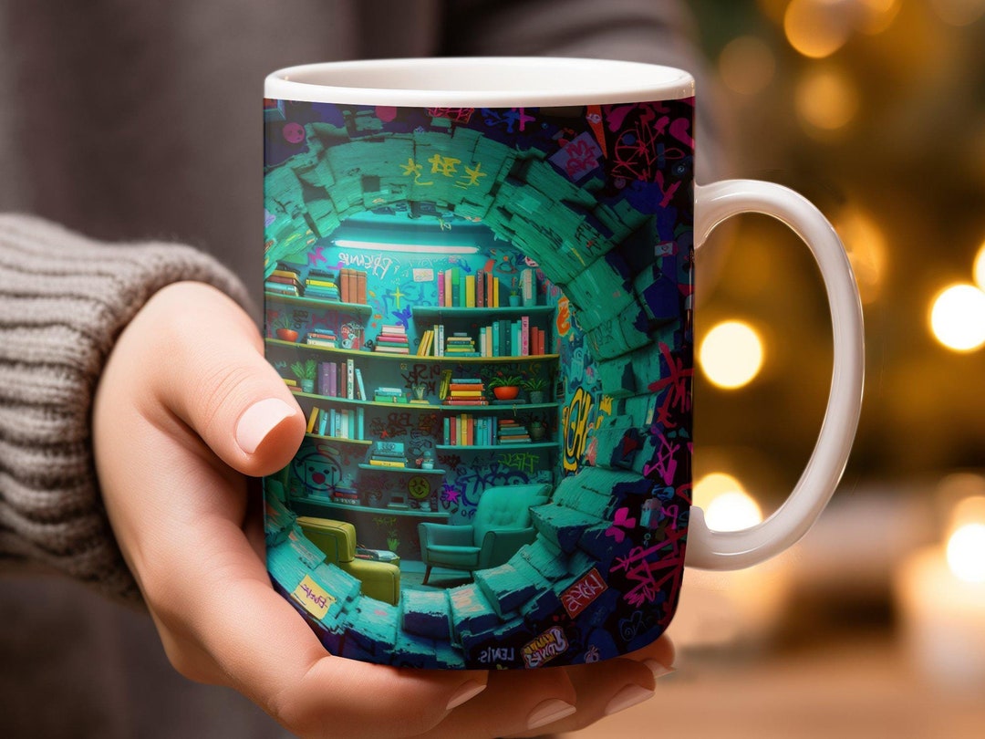 Urban Art Graffiti Mug, Quirky Bookshelf Mug, Unique Coffee Cup, Cool ...