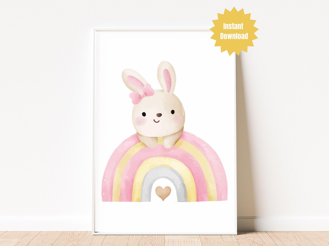 Adorable Bunny on Rainbow - Cute Nursery Wall Art - Baby Room Digital ...