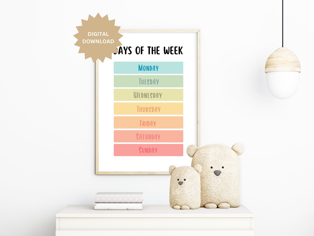 Days of the Week Poster, Weekly Educational Poster, Rainbow Playroom ...