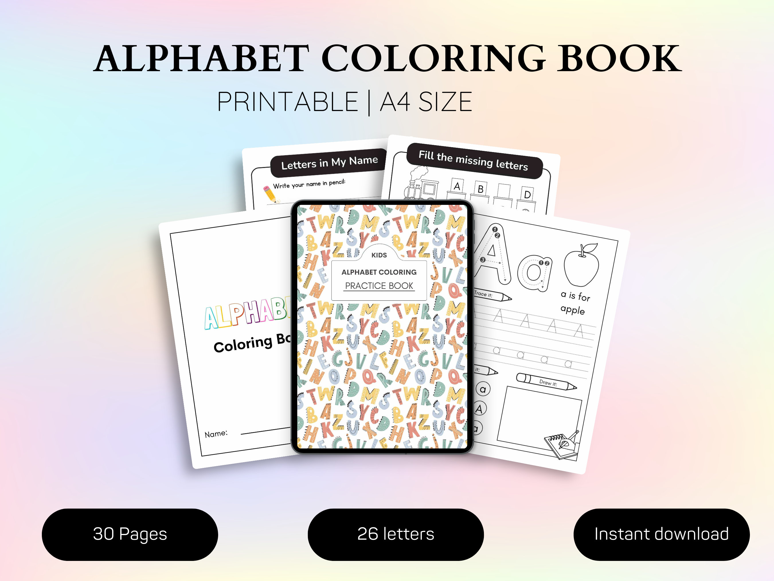 26 Alphabets Worksheets Printable, Alphabet Coloring Workbook, Learning ...