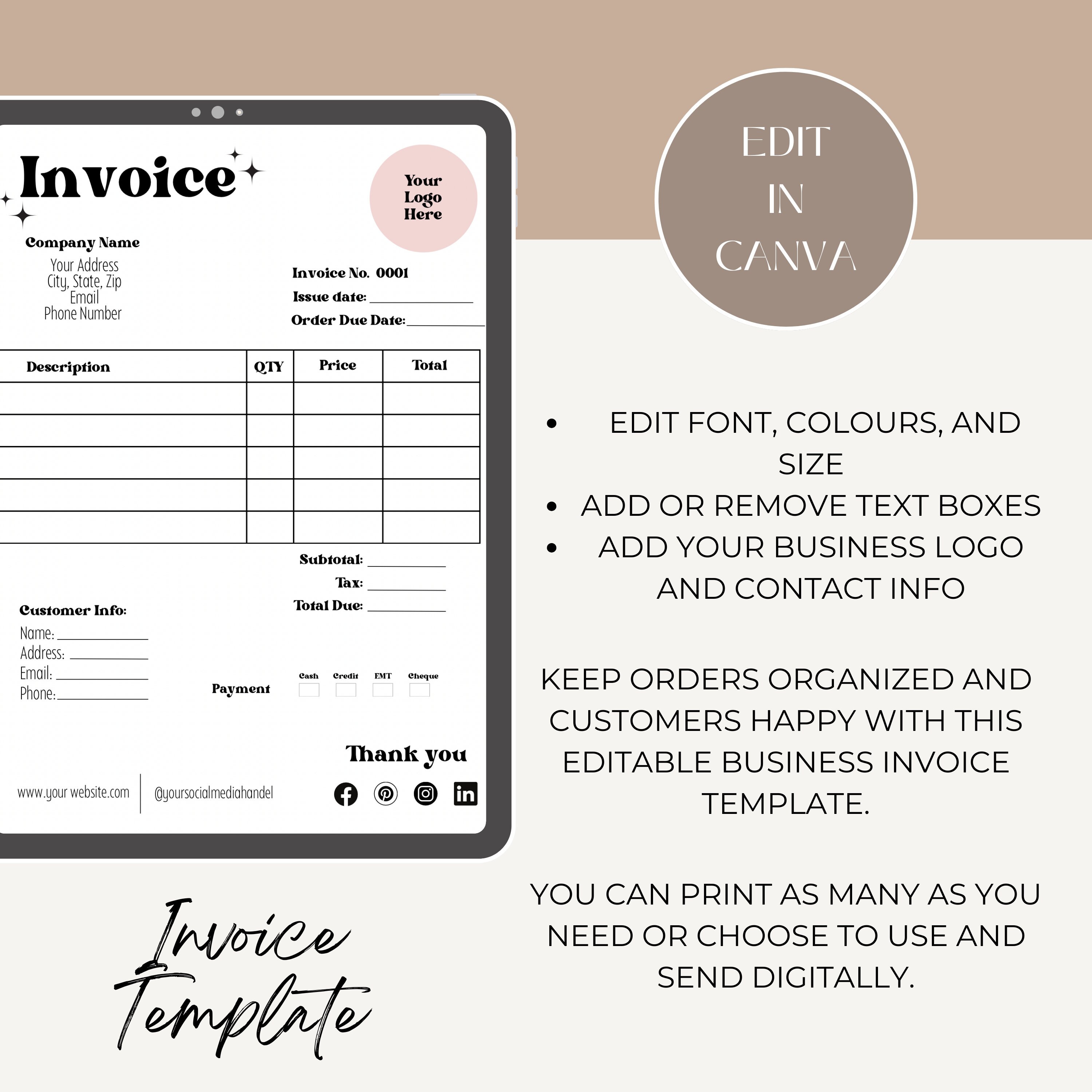 Editable Invoice Template Canva Small Business Printable Invoice ...