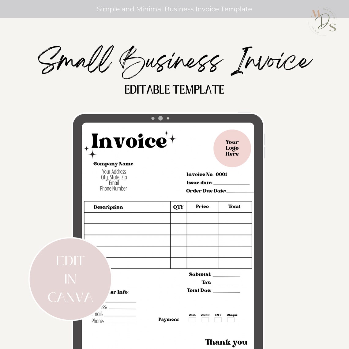 Editable Invoice Template Canva Small Business Printable Invoice ...
