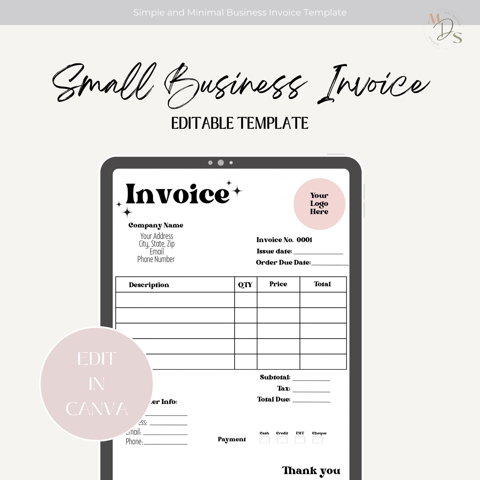 Editable Invoice Template Canva Small Business Printable Invoice ...