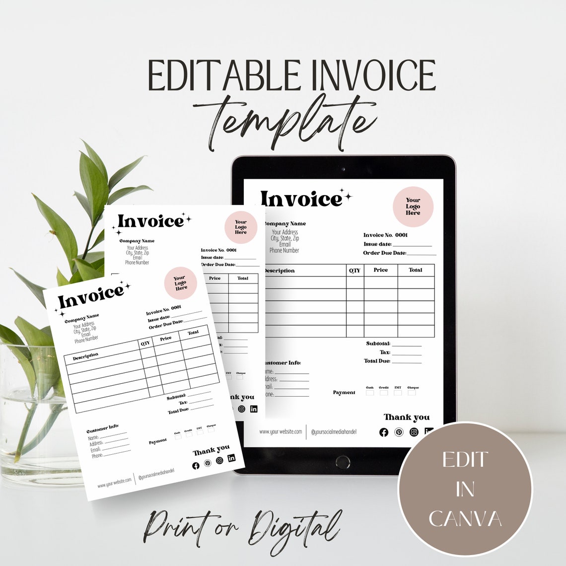 Editable Invoice Template Canva Small Business Printable Invoice ...
