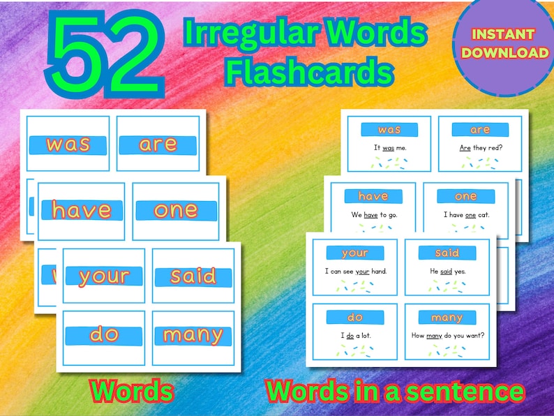 52 Irregular Sight Word and Sentence Flashcards for Pre-school Thru 1st ...
