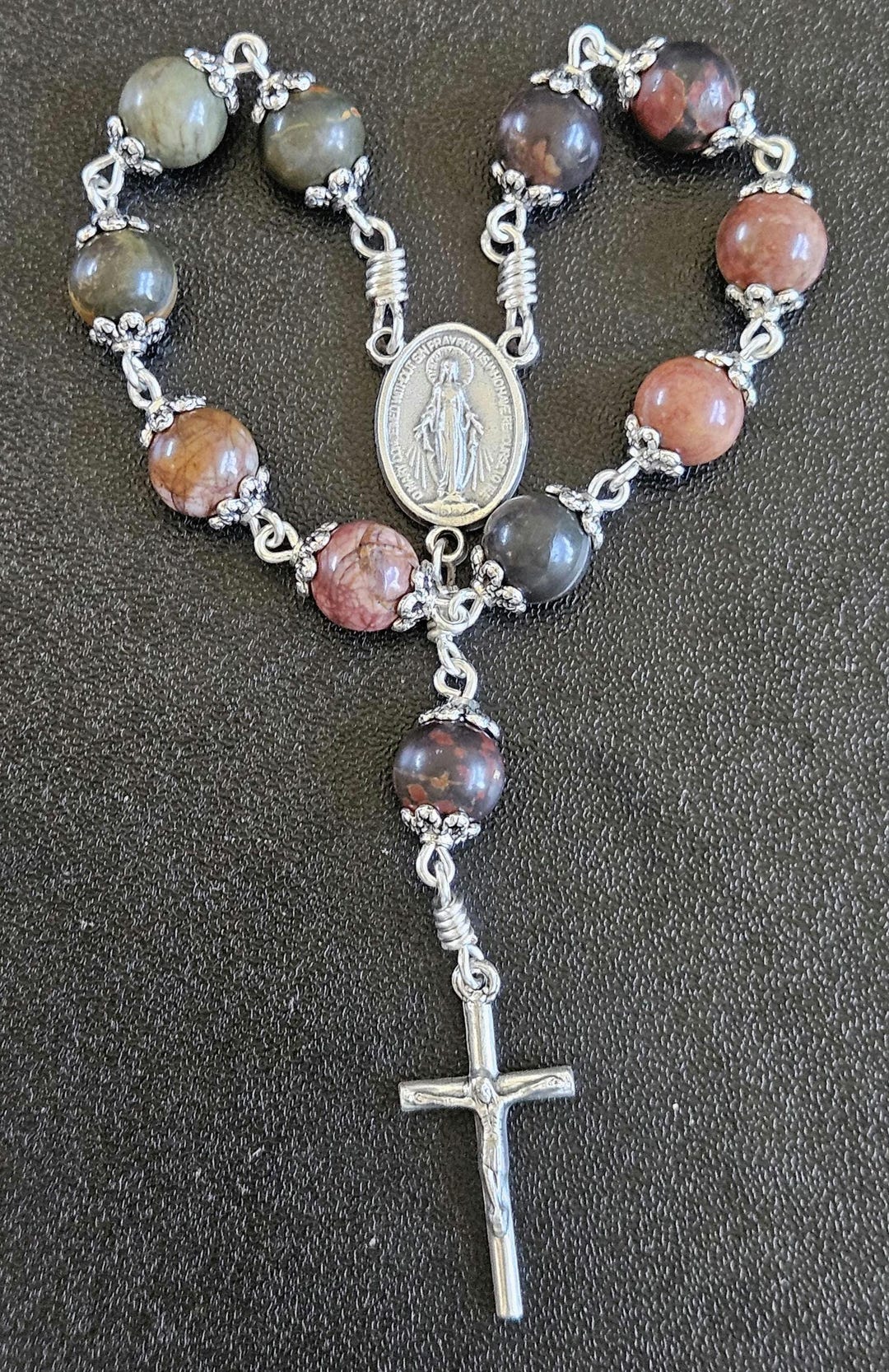 D147- Handmade Decade Rosary Chaplet. 8mm Round Painted Picasso Jasper ...