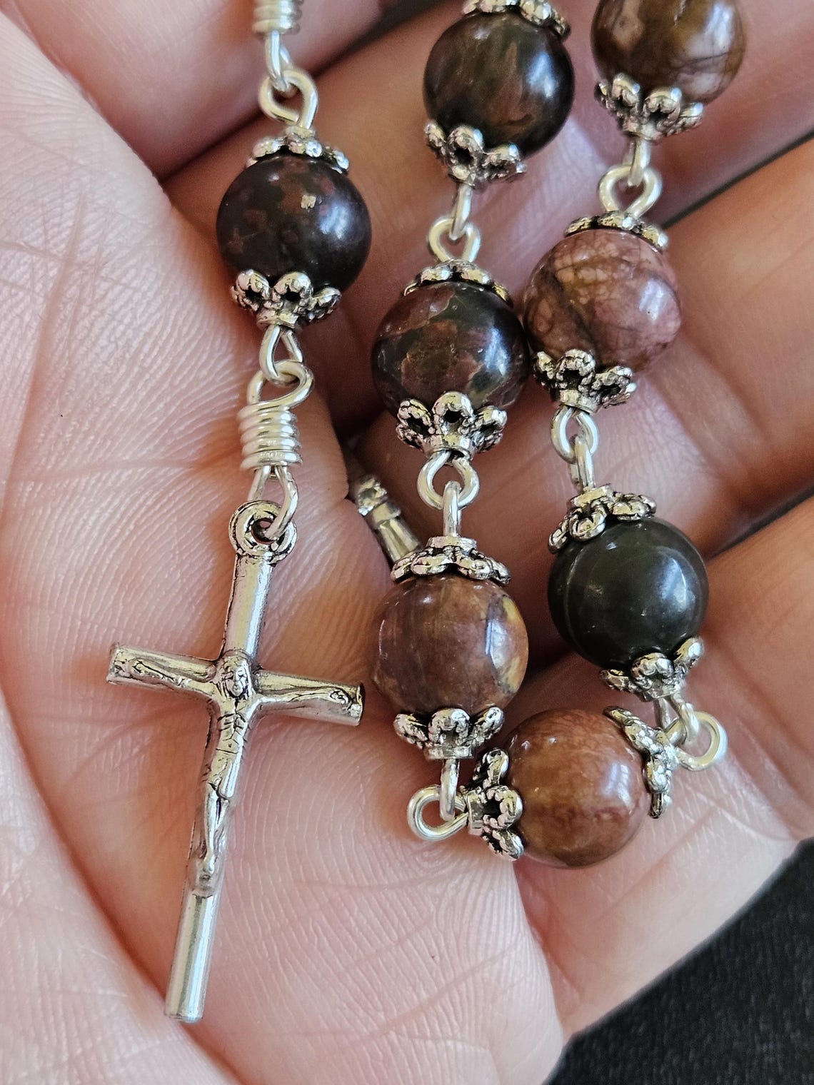 D147- Handmade Decade Rosary Chaplet. 8mm Round Painted Picasso Jasper ...