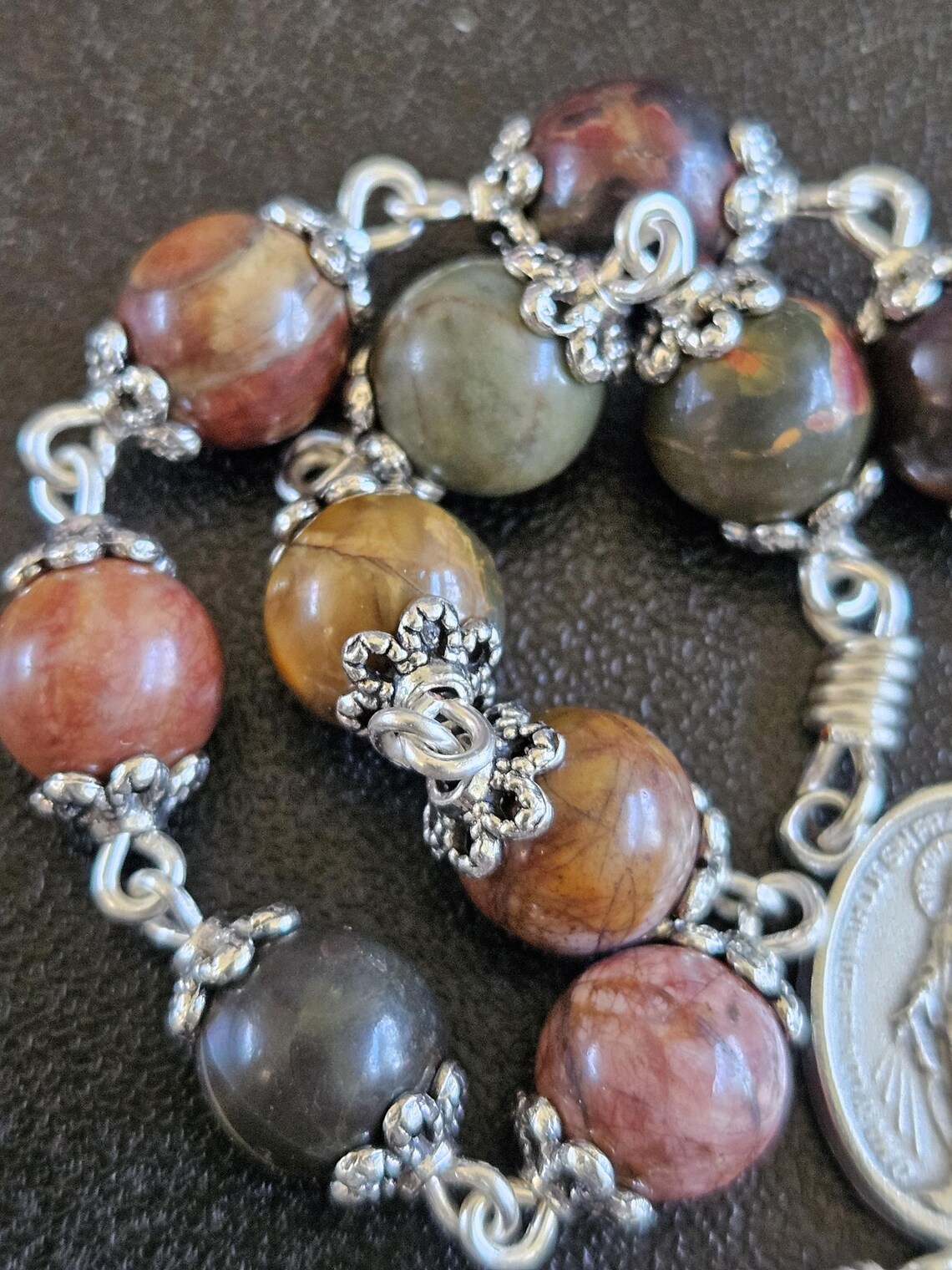 D147- Handmade Decade Rosary Chaplet. 8mm Round Painted Picasso Jasper ...