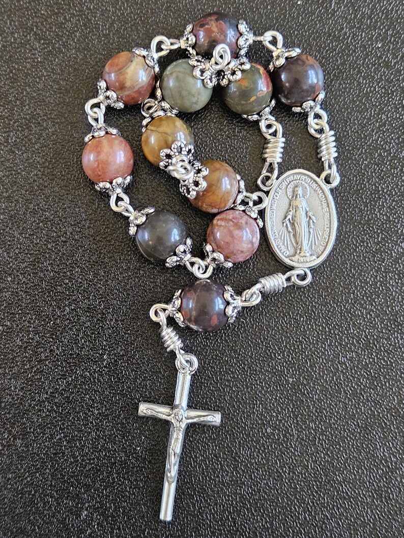 D147- Handmade Decade Rosary Chaplet. 8mm Round Painted Picasso Jasper ...
