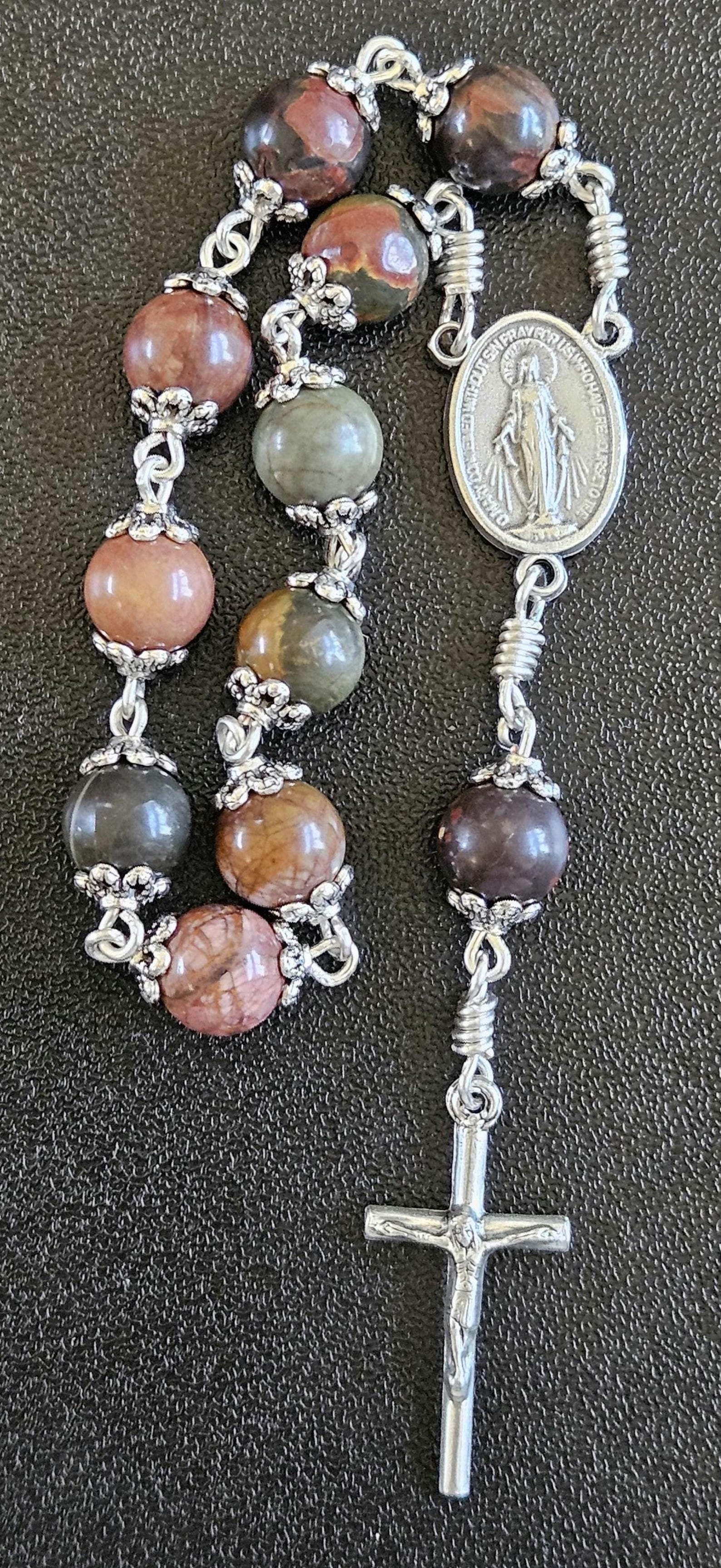 D147- Handmade Decade Rosary Chaplet. 8mm Round Painted Picasso Jasper ...