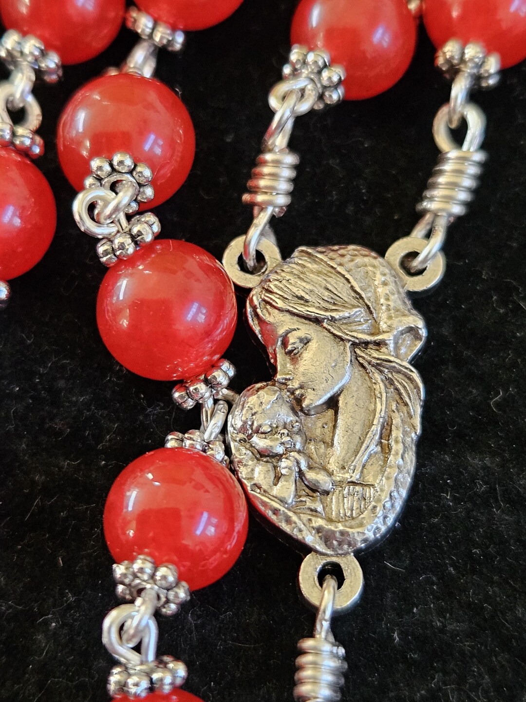 R04 - Handmade Rosary. 8mm Ruby Red Glass Beads . Decade Bead is Floral ...