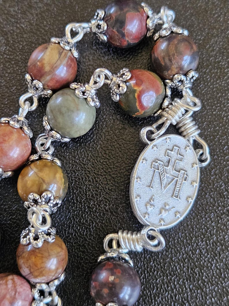 D147- Handmade Decade Rosary Chaplet. 8mm Round Painted Picasso Jasper ...