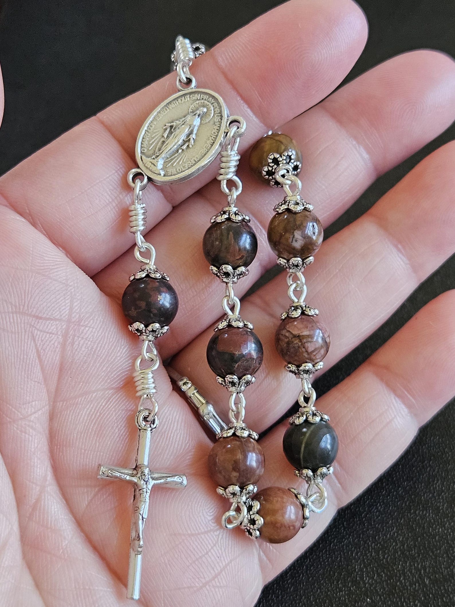 D147- Handmade Decade Rosary Chaplet. 8mm Round Painted Picasso Jasper ...