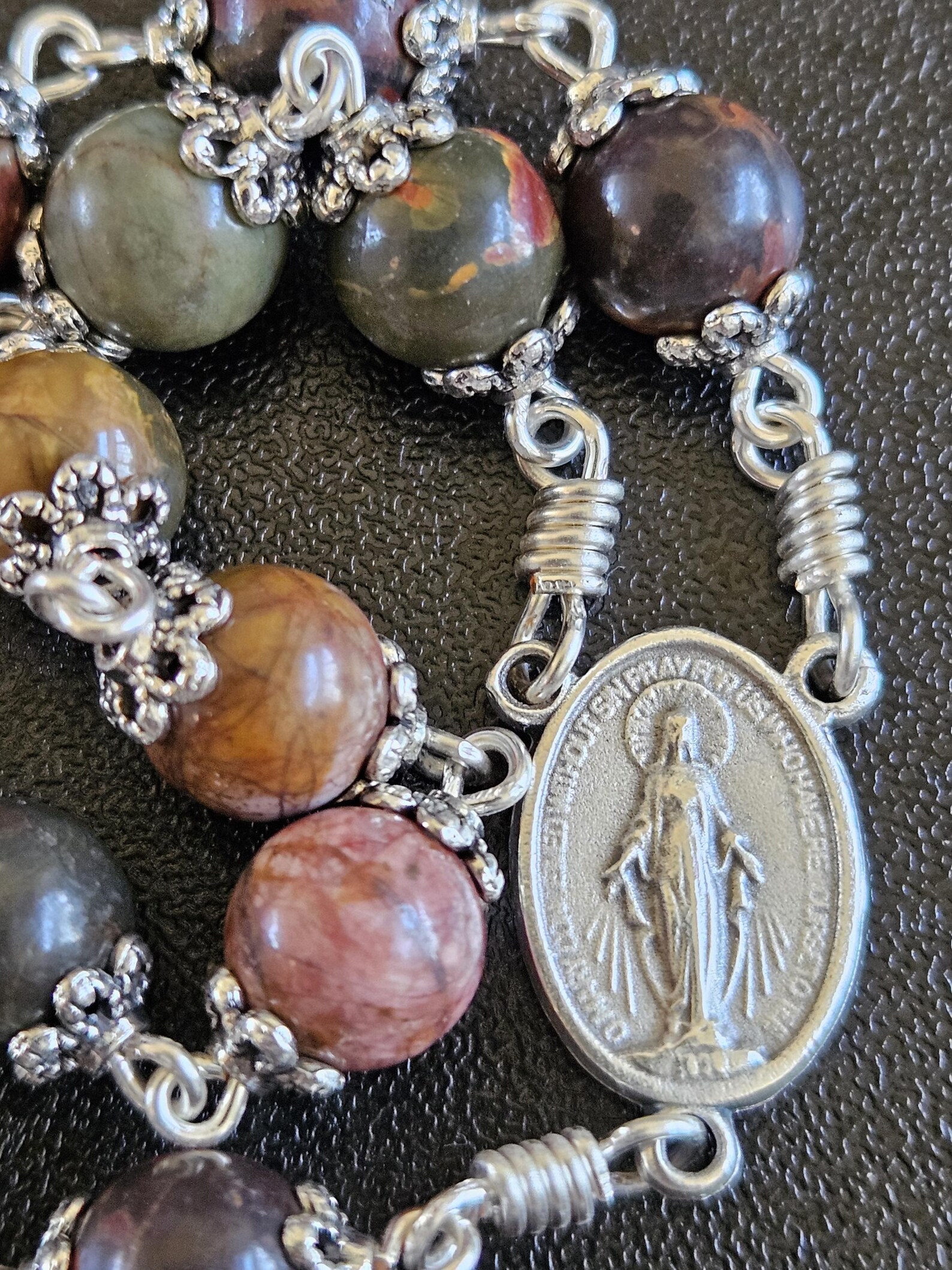 D147- Handmade Decade Rosary Chaplet. 8mm Round Painted Picasso Jasper ...