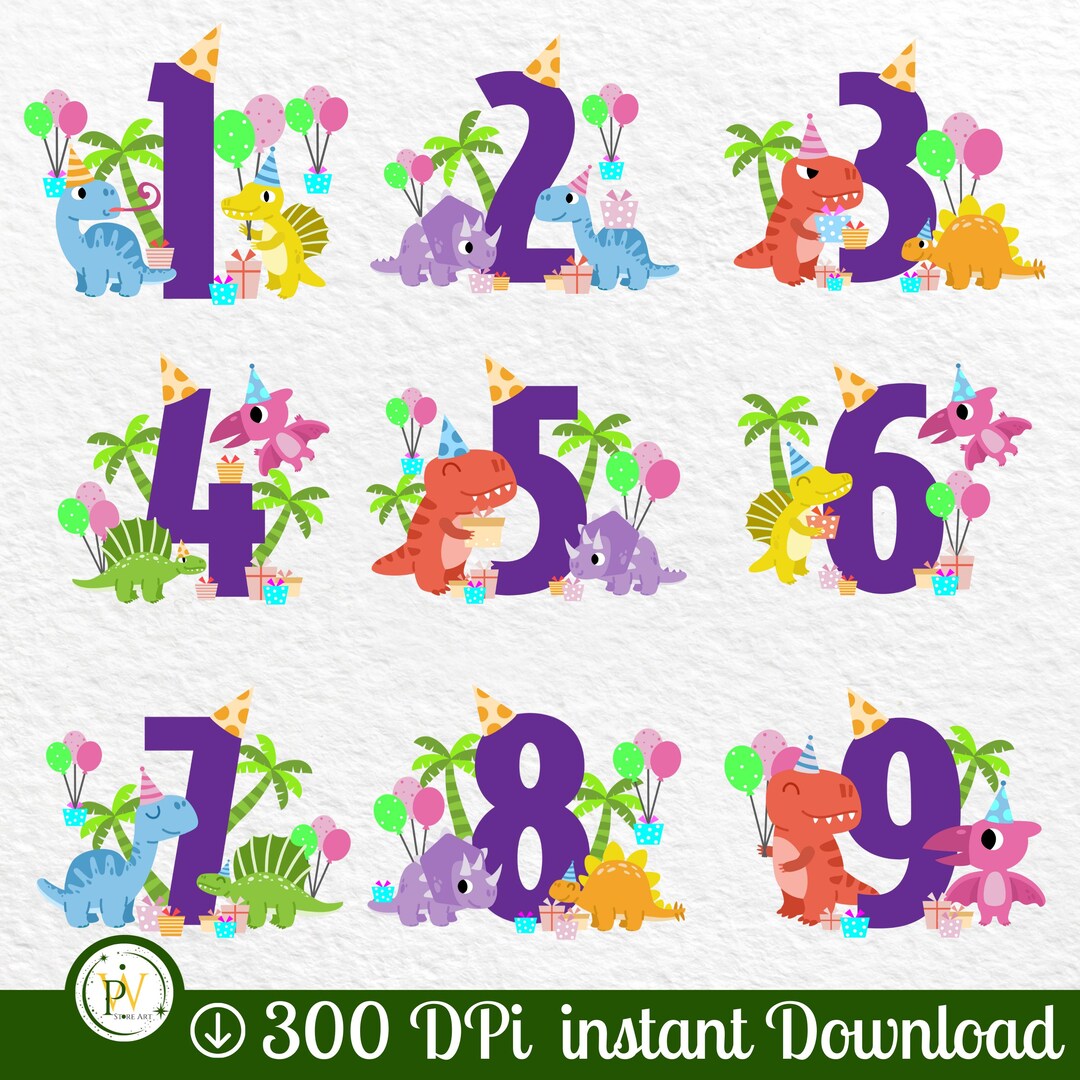 Dinosaur Birthday Numbers Bundle PNG, 1-9 Dino Party Designs, Dinosaur ...