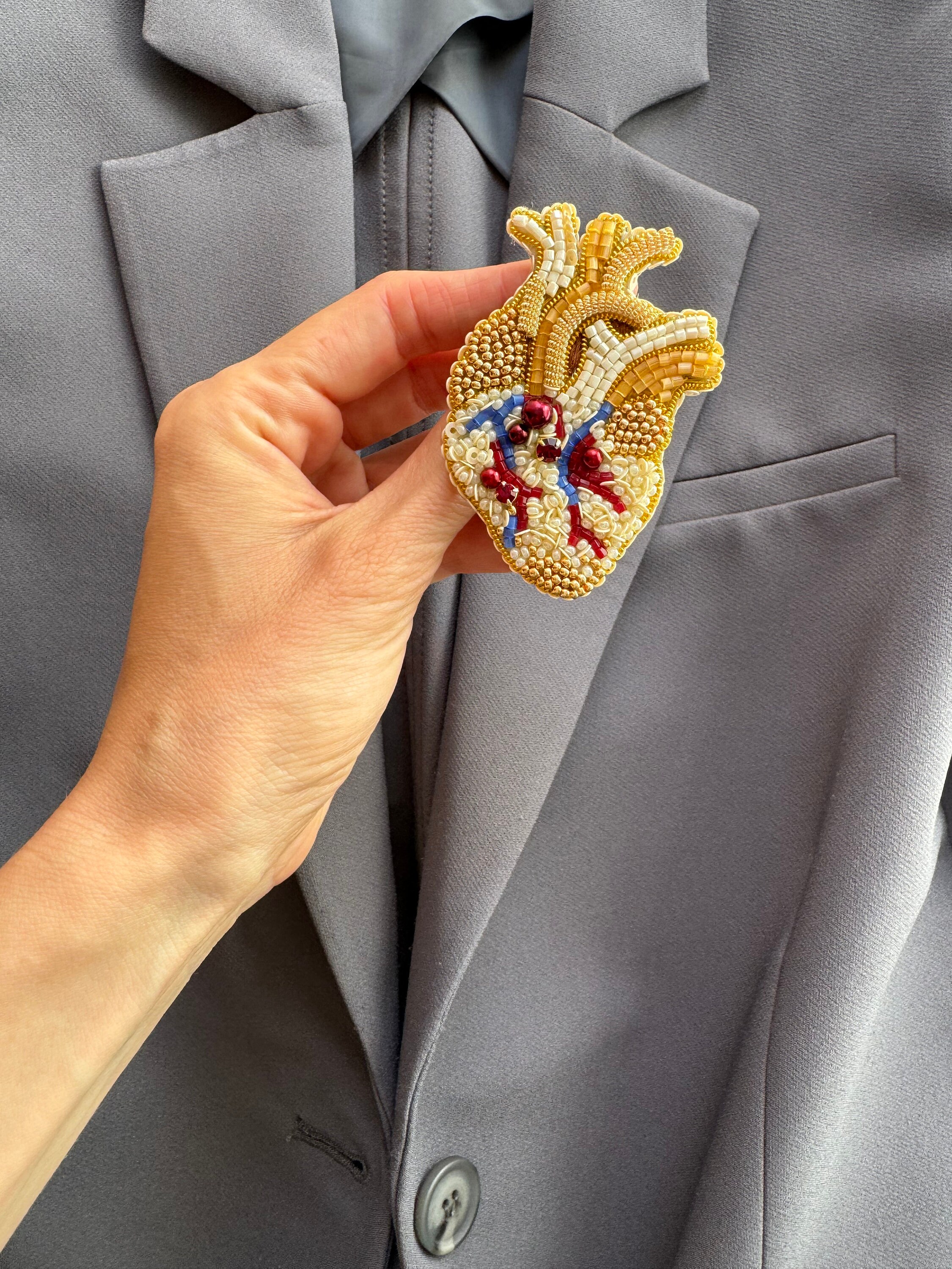 Embroidered Brooch Anatomical Heart. Beige Heart Brooch Embroidered ...