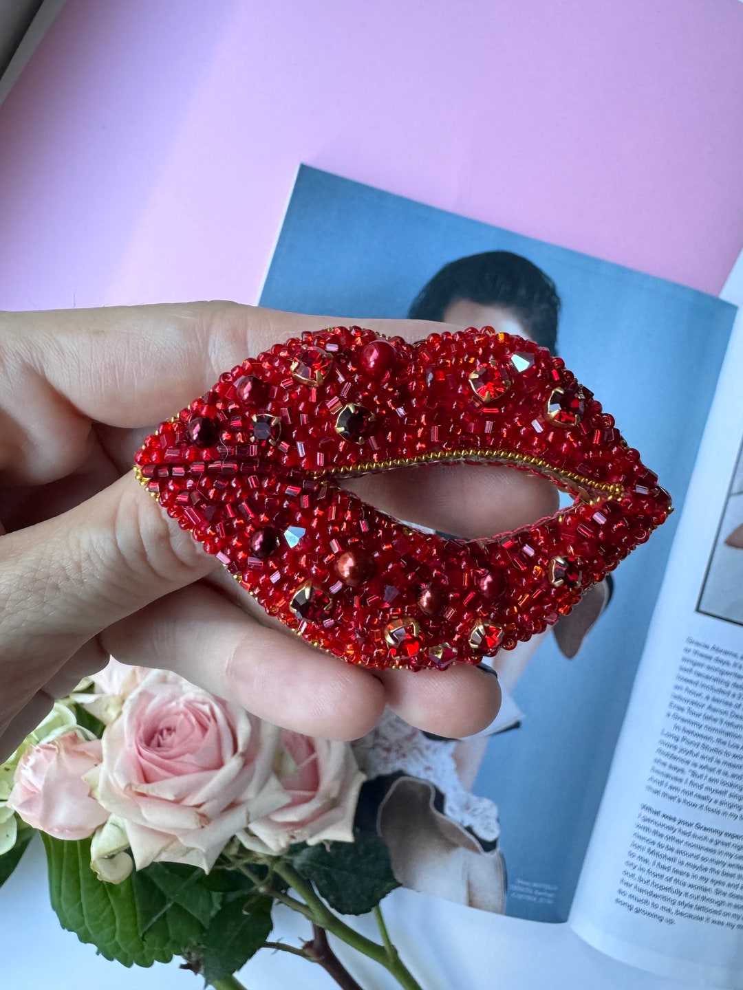 Red Lips Brooch Embroidered With Beads and Stones, a Gift for a Bright ...