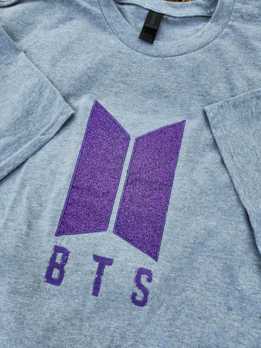 BTS T-shirt, Embroidered Purple Glitter Logo, Unisex Heather Gray - Etsy