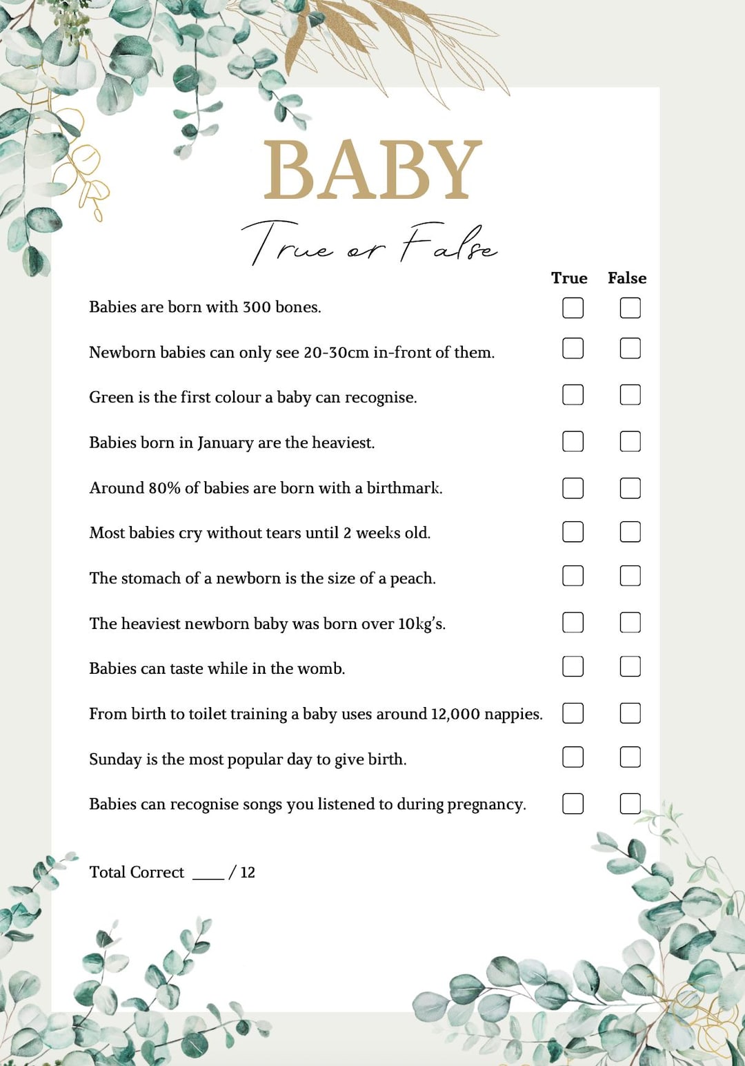 True or False Baby Shower Game With Seperate Answer Sheet, Australian ...