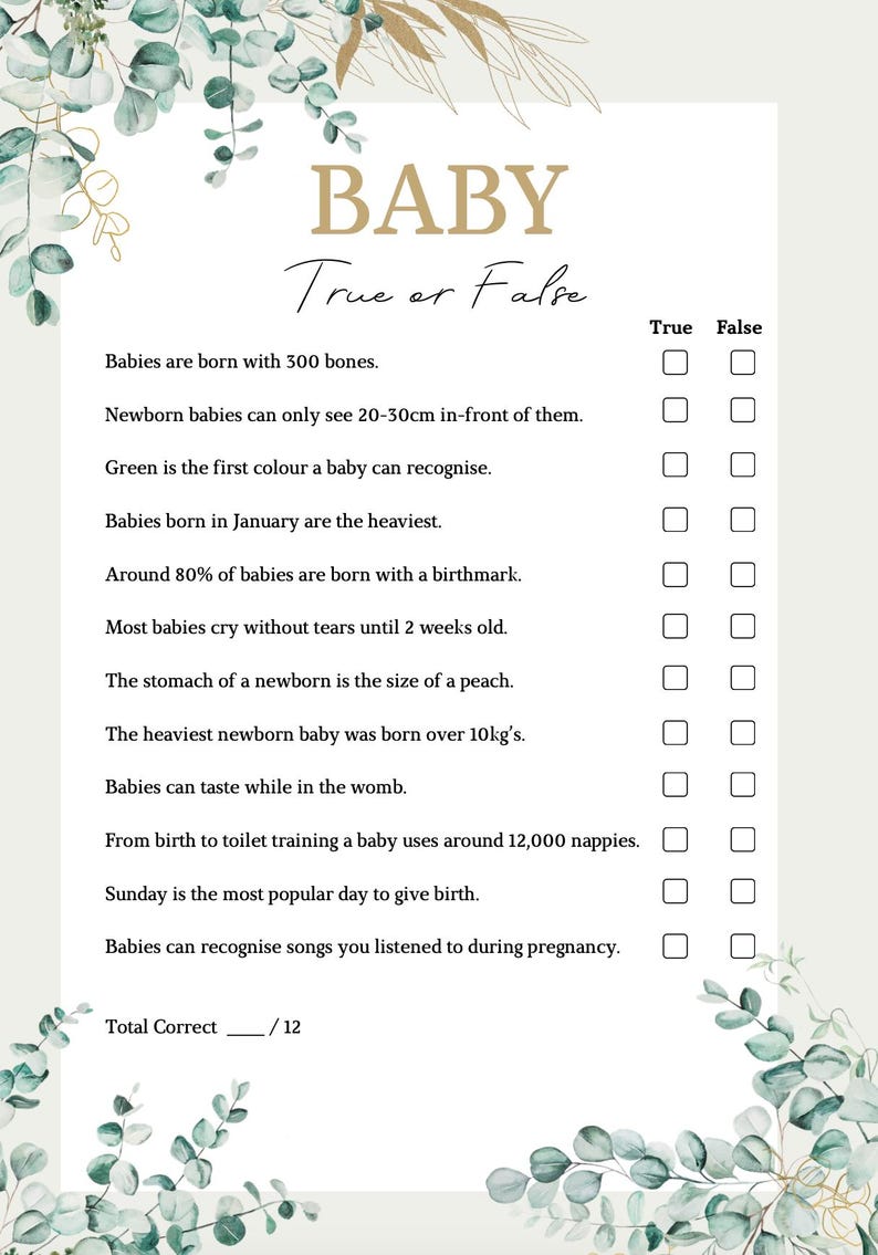 True or False Baby Shower Game With Seperate Answer Sheet, Australian ...