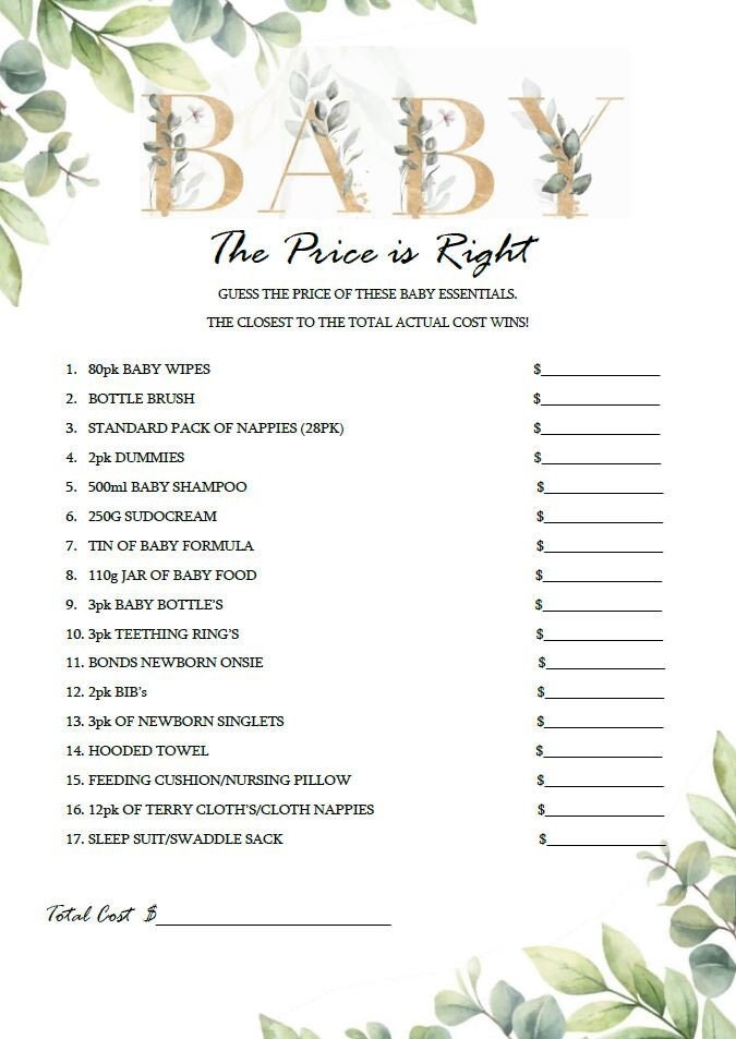 The Price is Right Baby Shower Game. Australian Baby Shower Game ...