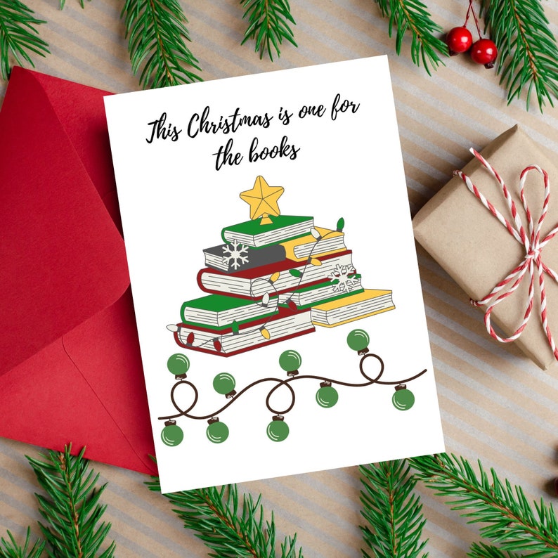 Bookish Christmas Card, Printable Book Holiday Card, Books for ...