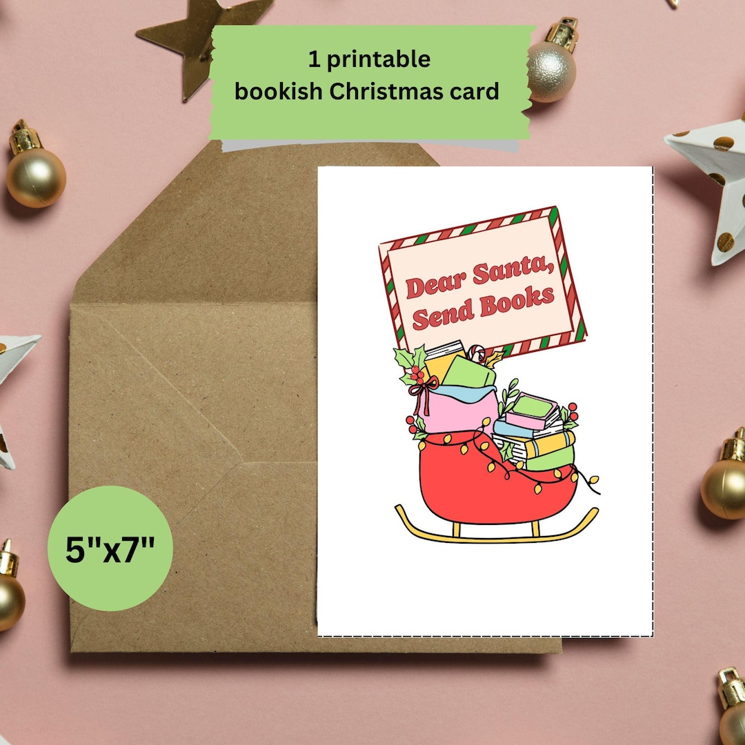 Bookish Christmas Card, Printable Book Club Holiday Card, Books for ...