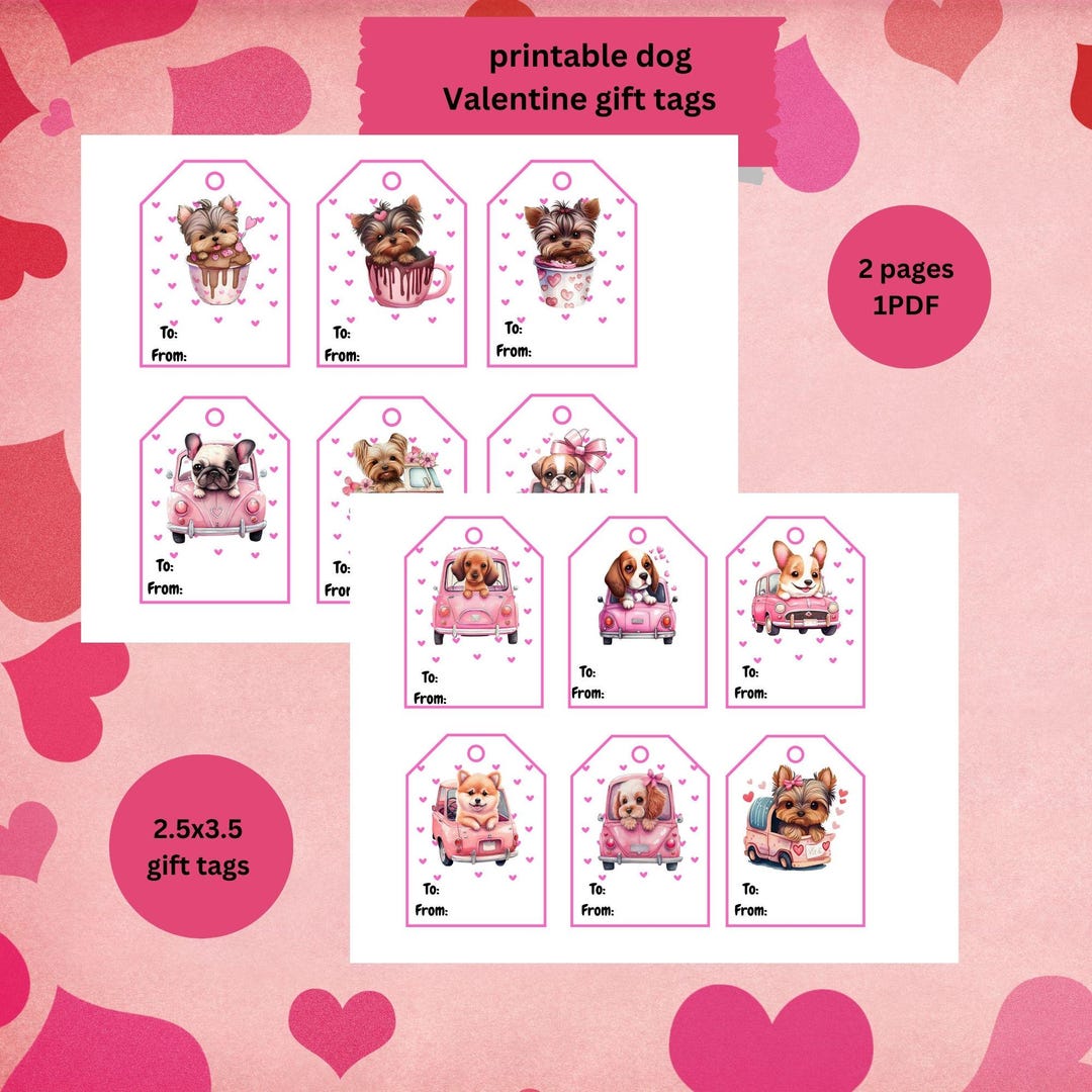 Printable Dog Valentine Gift Tags, Cute Pink Dog Printable Tags for ...