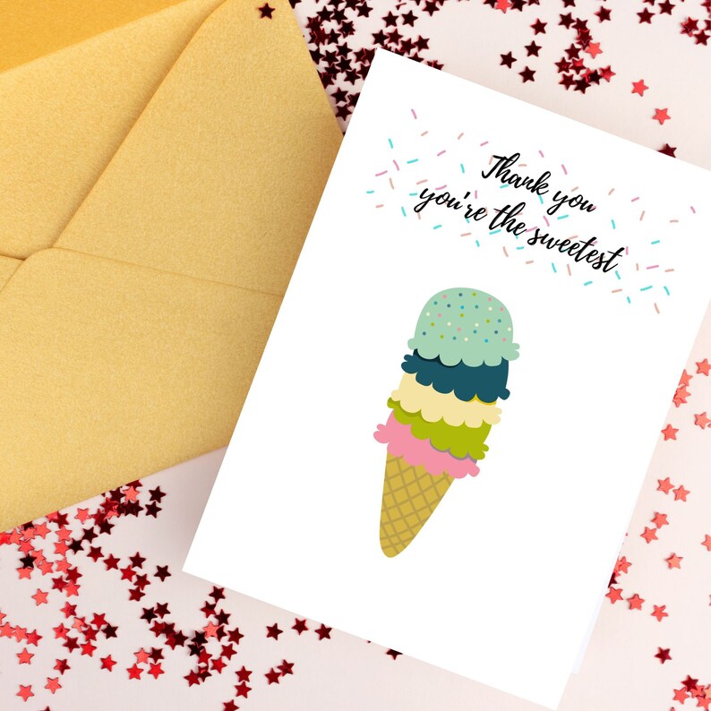 Printable Folded Thank You Card, Digital Ice Cream Cone Card, Gift to ...