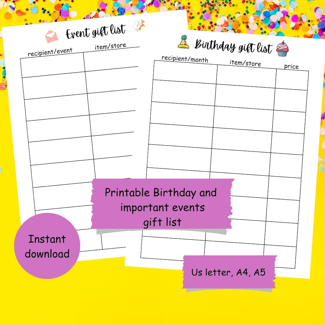 Printable Birthday Gift List Tracker, Important Events Gift List ...