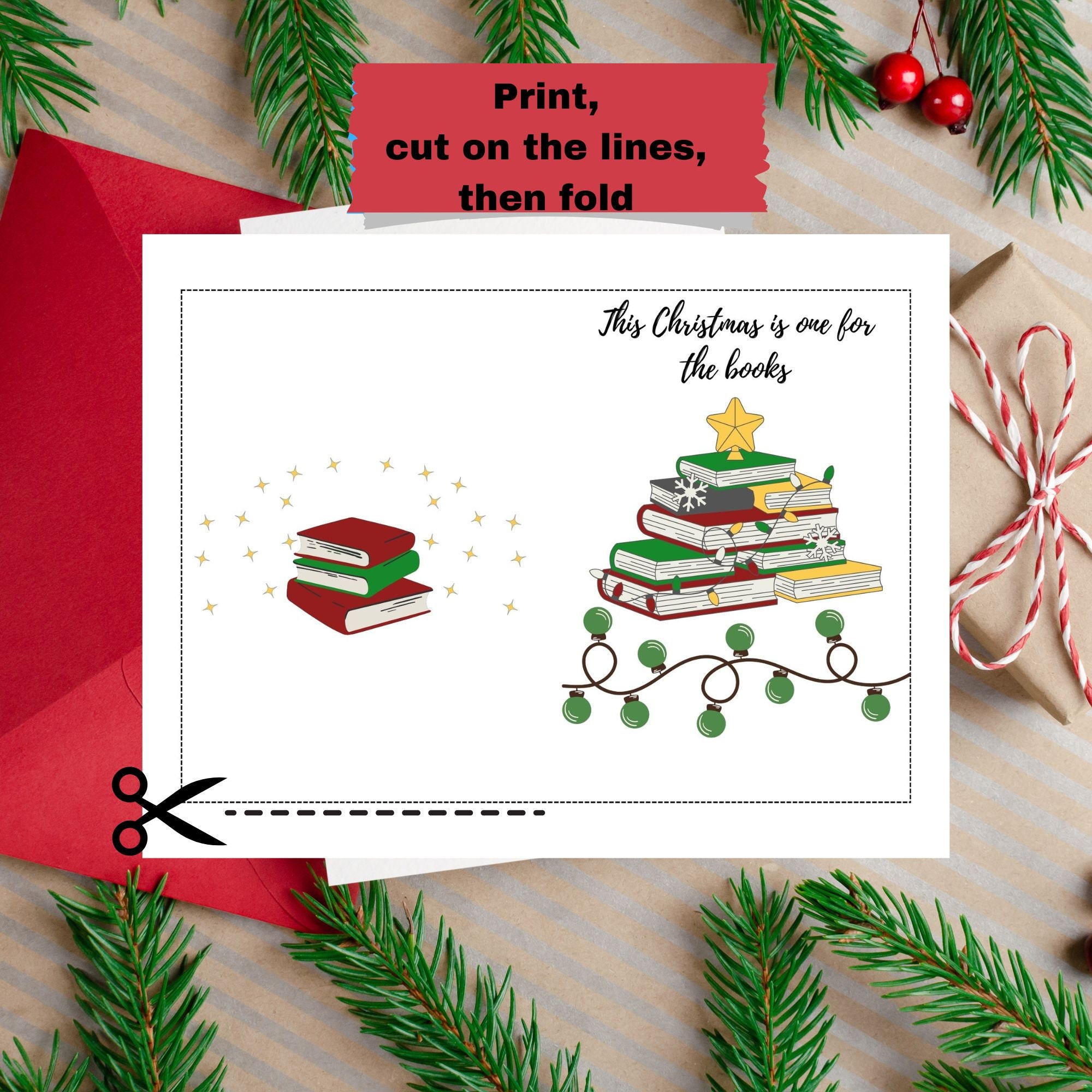Bookish Christmas Card, Printable Book Holiday Card, Books for ...