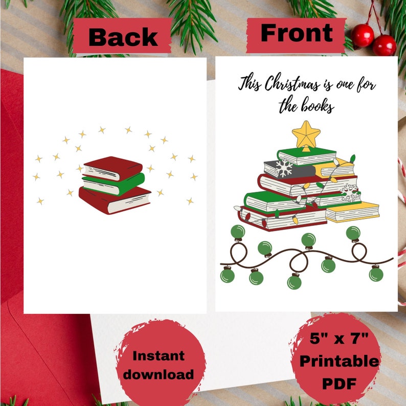 Bookish Christmas Card, Printable Book Holiday Card, Books for ...