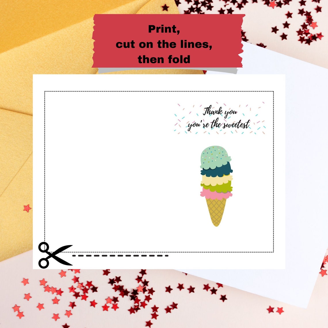 Printable Folded Thank You Card, Digital Ice Cream Cone Card, Gift to ...