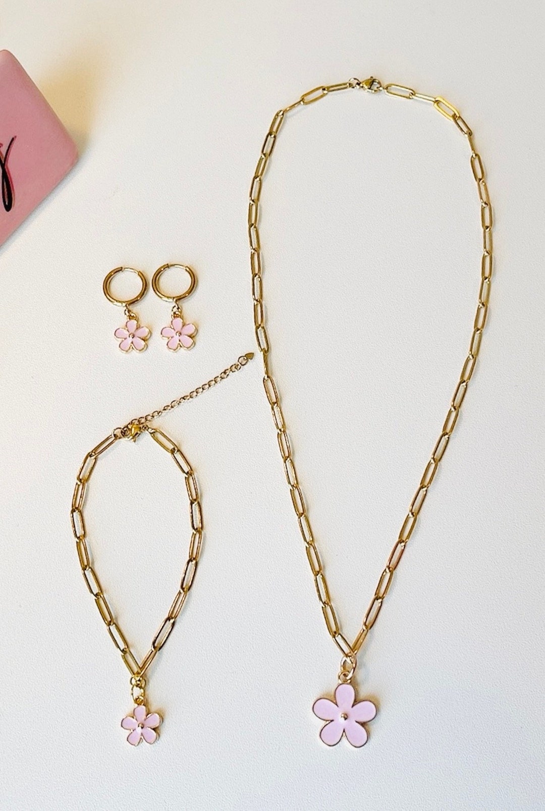 Light Pink Flower Bloom Set hypoallergenic, 18K Gold Plated Titanium Steel Paperclip Necklace ...