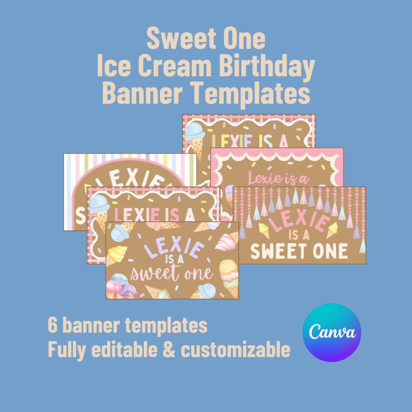Sweet One Ice Cream Birthday Banner Templates (canva Digital Download ...