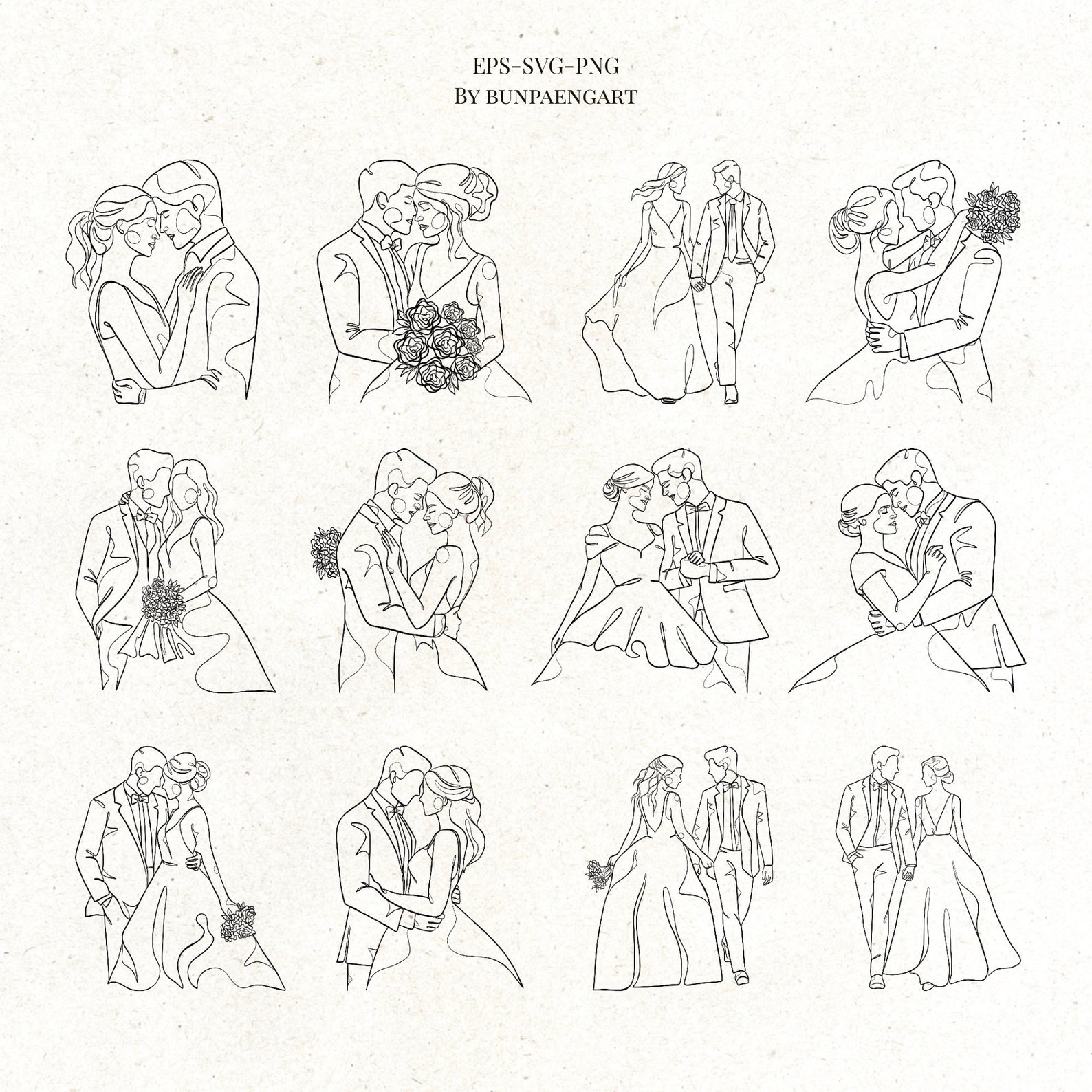 Wedding SVG, Wedding Line Art, Romantic Wedding Couple, Couple Clipart ...