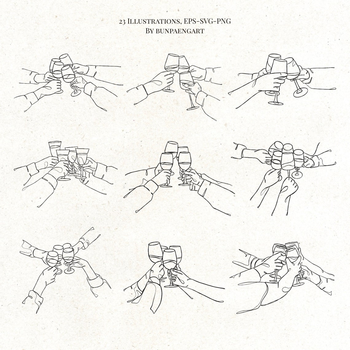 Hand Cheering Glasses, Wine Print Fine Line, Wine Glass Clipart, Wine ...