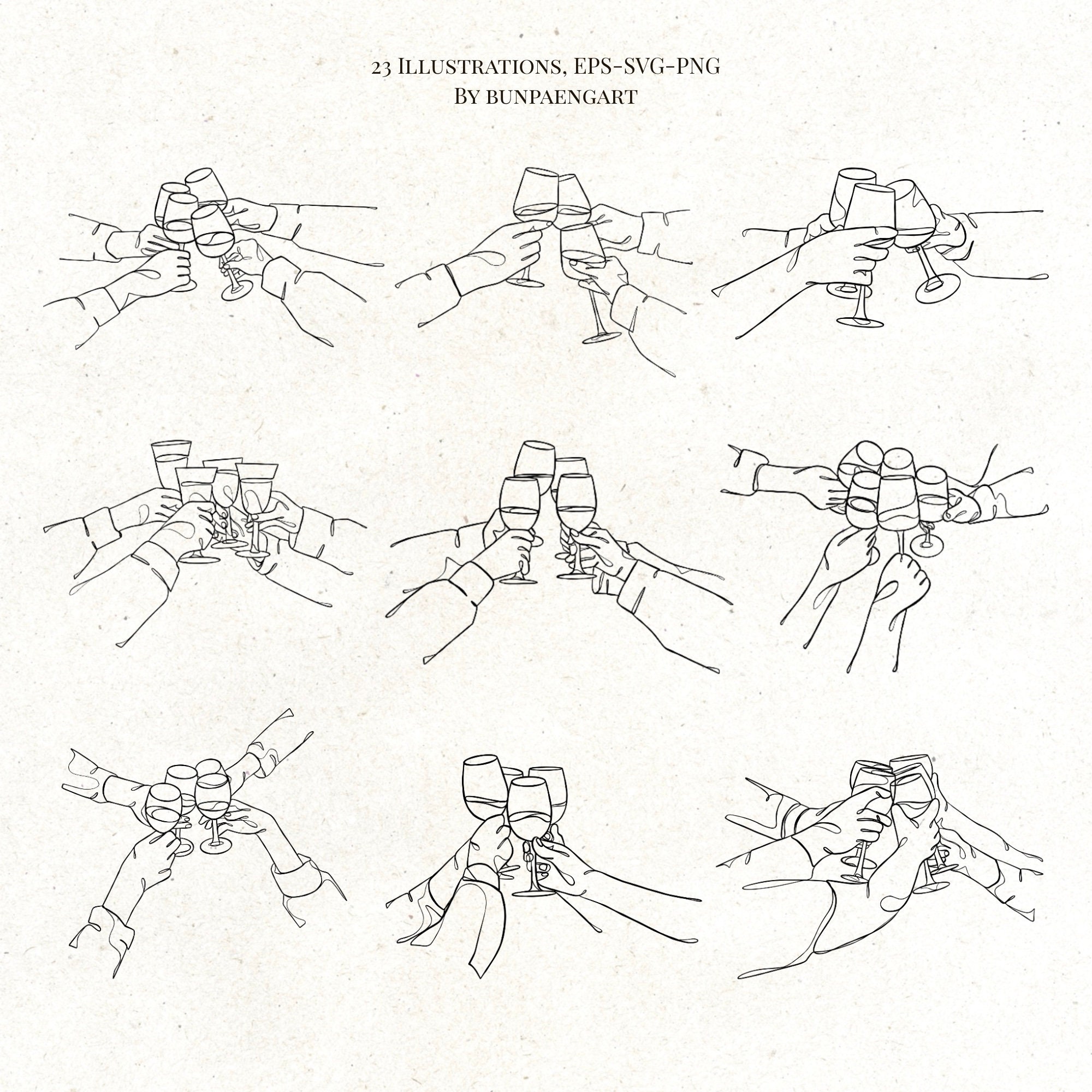 Hand Cheering Glasses, Wine Print Fine Line, Wine Glass Clipart, Wine ...