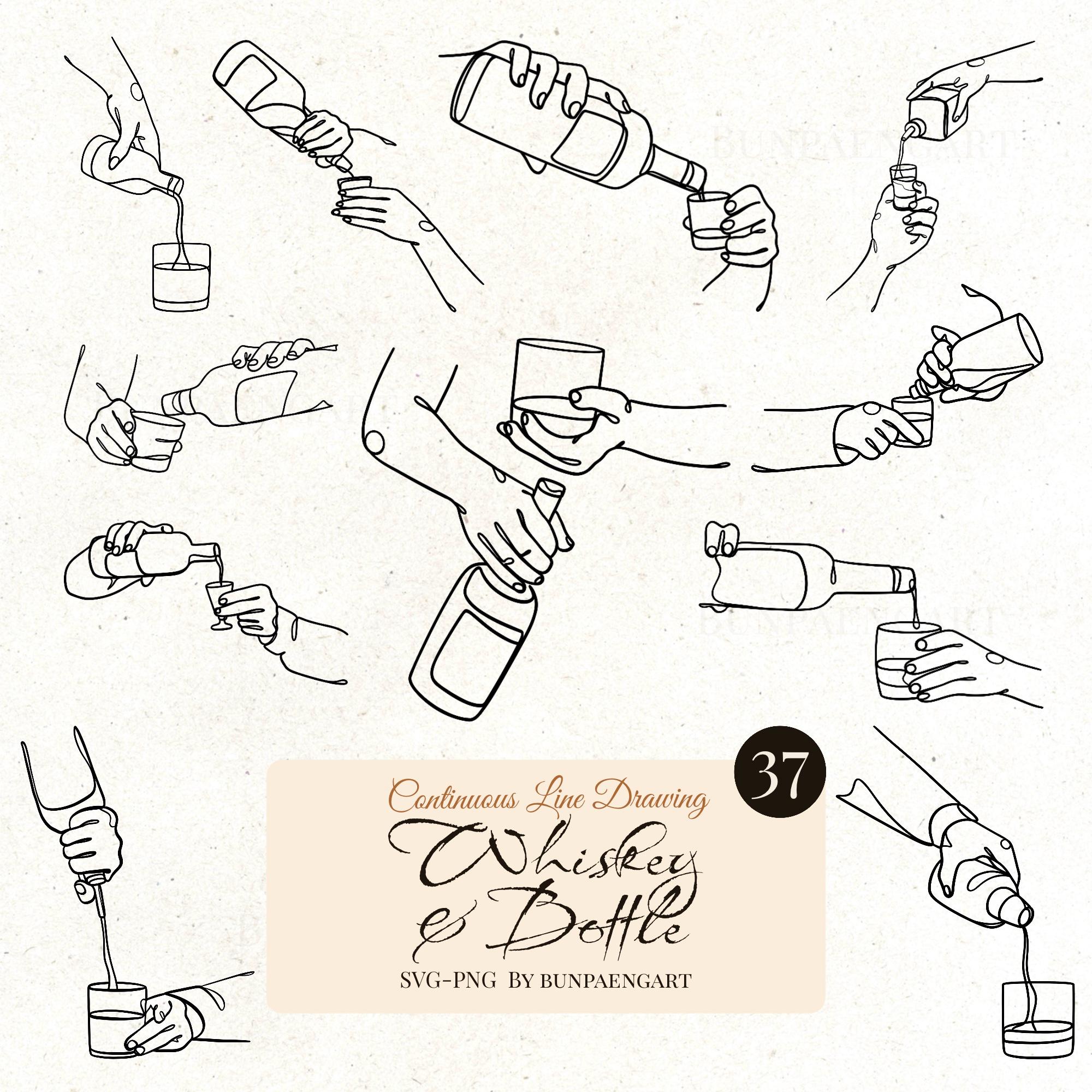 Whiskey and Bottle Line Art, Minimalist Whiskey Line Art SVG, Whiskey ...