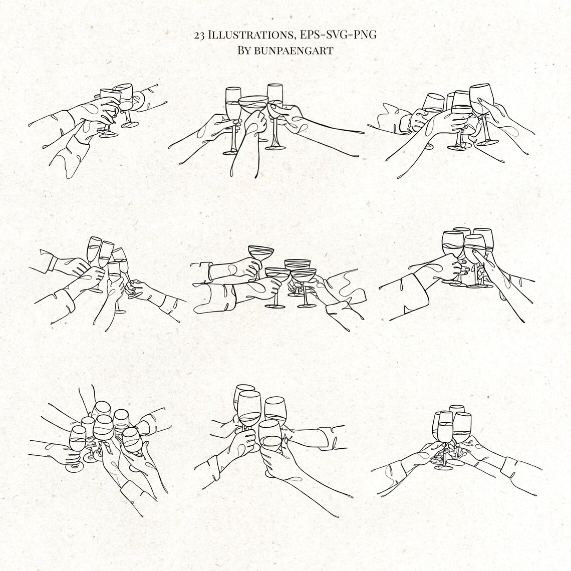 Hand Cheering Glasses, Wine Print Fine Line, Wine Glass Clipart, Wine ...