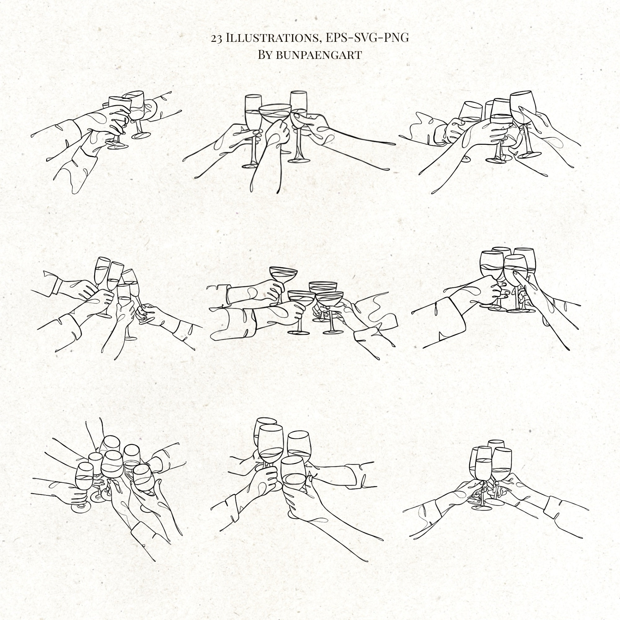 Hand Cheering Glasses, Wine Print Fine Line, Wine Glass Clipart, Wine ...