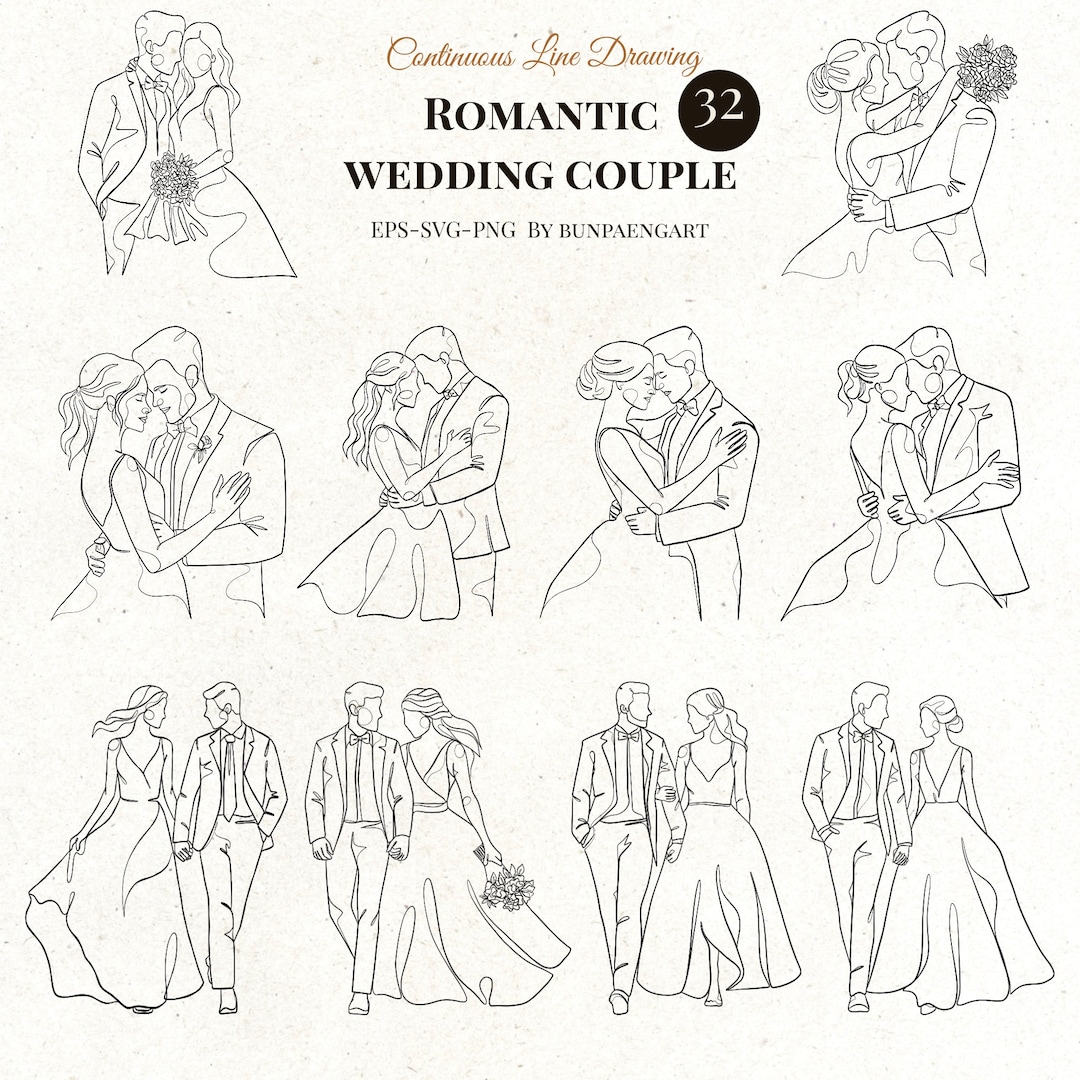 Wedding SVG, Wedding Line Art, Romantic Wedding Couple, Couple Clipart ...