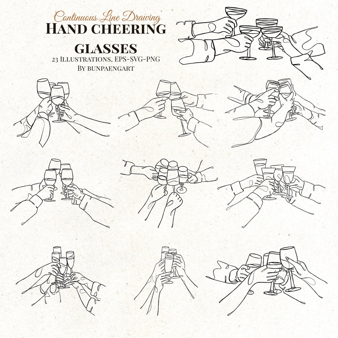 Hand Cheering Glasses, Wine Print Fine Line, Wine Glass Clipart, Wine ...