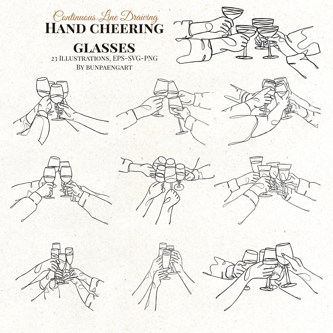 Hand Cheering Glasses, Wine Print Fine Line, Wine Glass Clipart, Wine ...