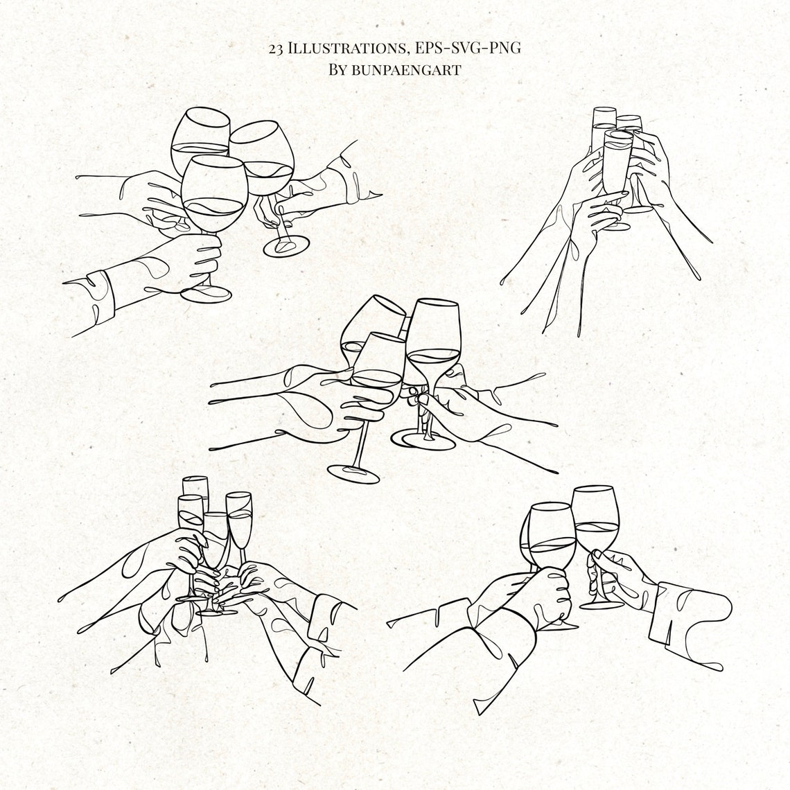 Hand Cheering Glasses, Wine Print Fine Line, Wine Glass Clipart, Wine ...