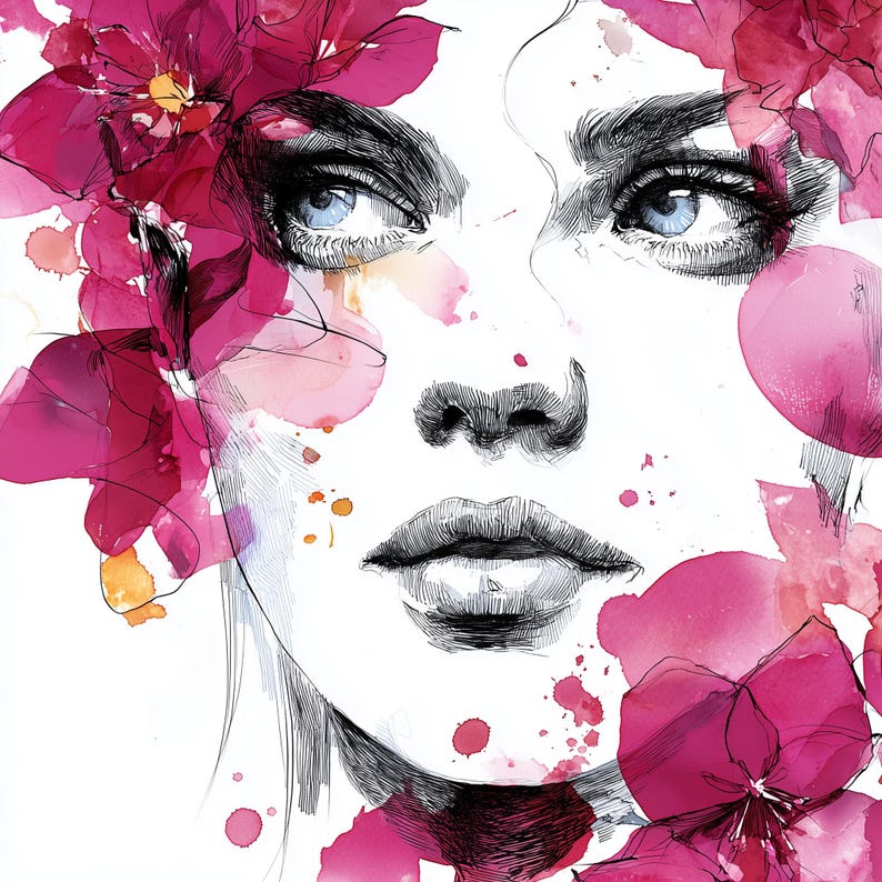 Lady in Pink - Female Face Line Art PNG Bundle Clipart (digital ...